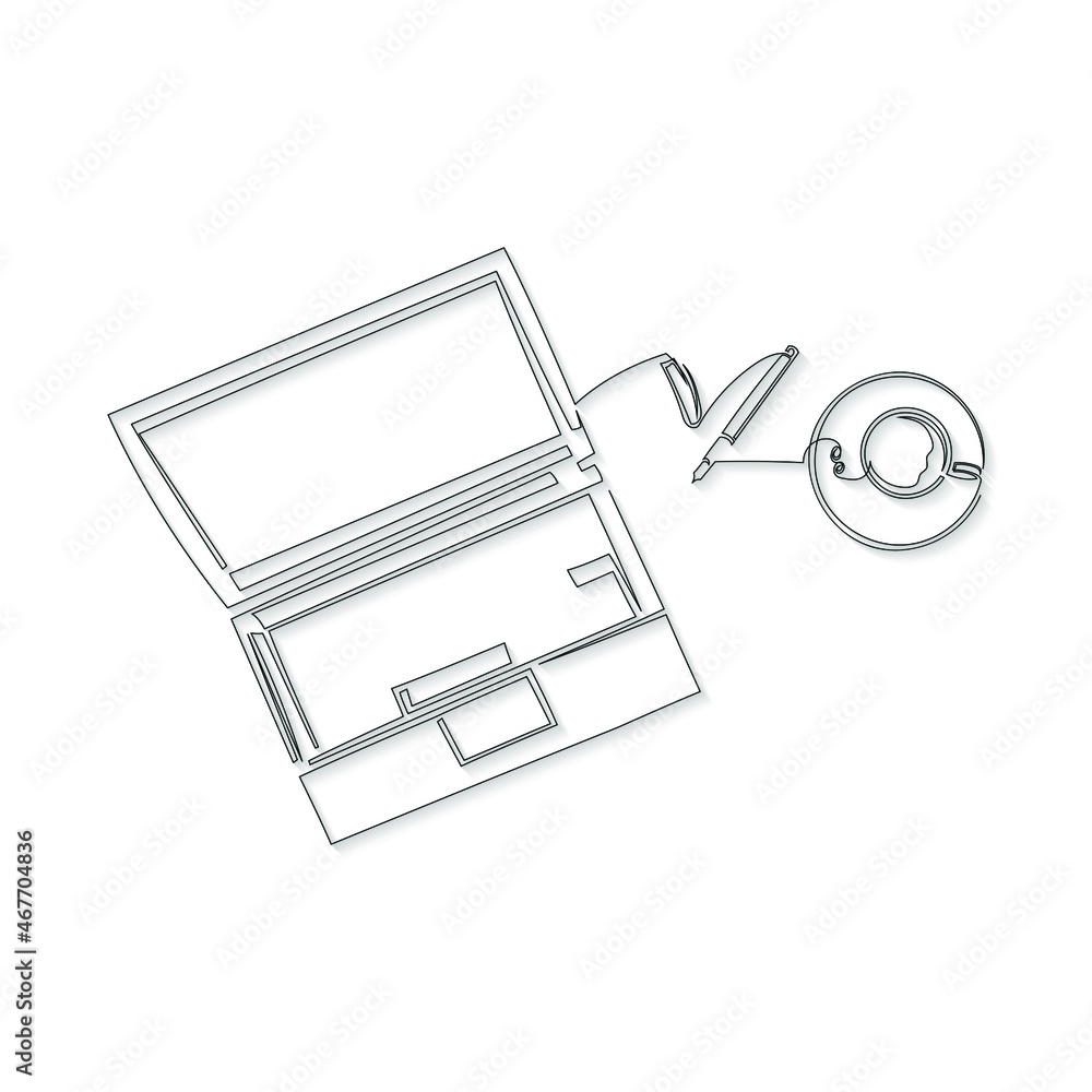 One continuous line drawing of and computer laptop, a cup of coffee at ...