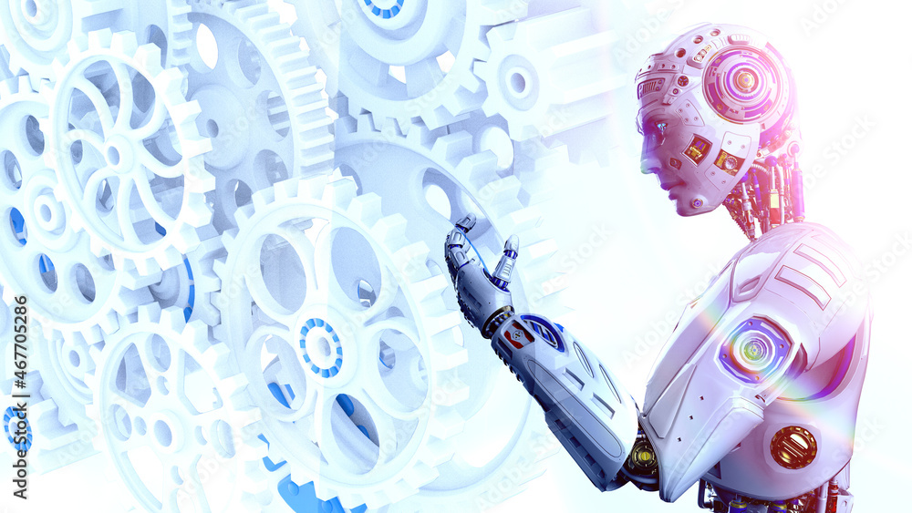 Detailed appearance of the white AI Robot and Mechanism white metallic ...