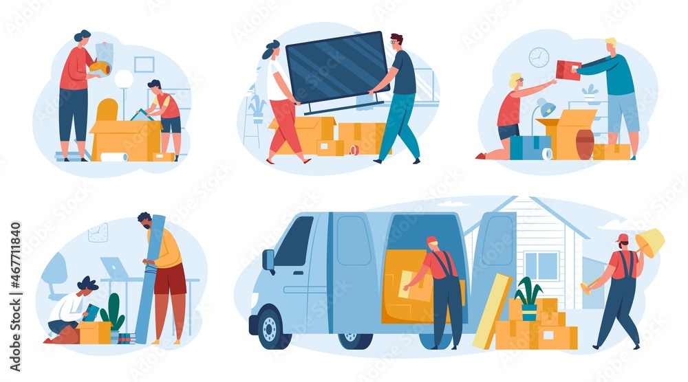 People moving houses, family relocating to new home. Characters ...