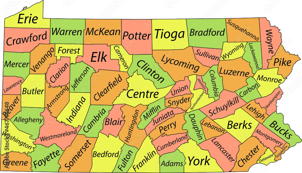 Pastel vector administrative map of the Federal State of Pennsylvania ...