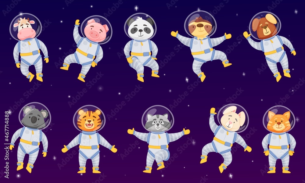 Cartoon animal astronauts, cute animals in space suits. Funny panda ...