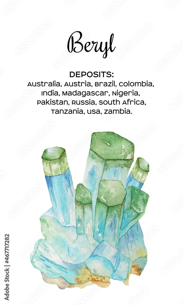 Illustration of watercolor beryl stone with streaks effect. A cut of ...