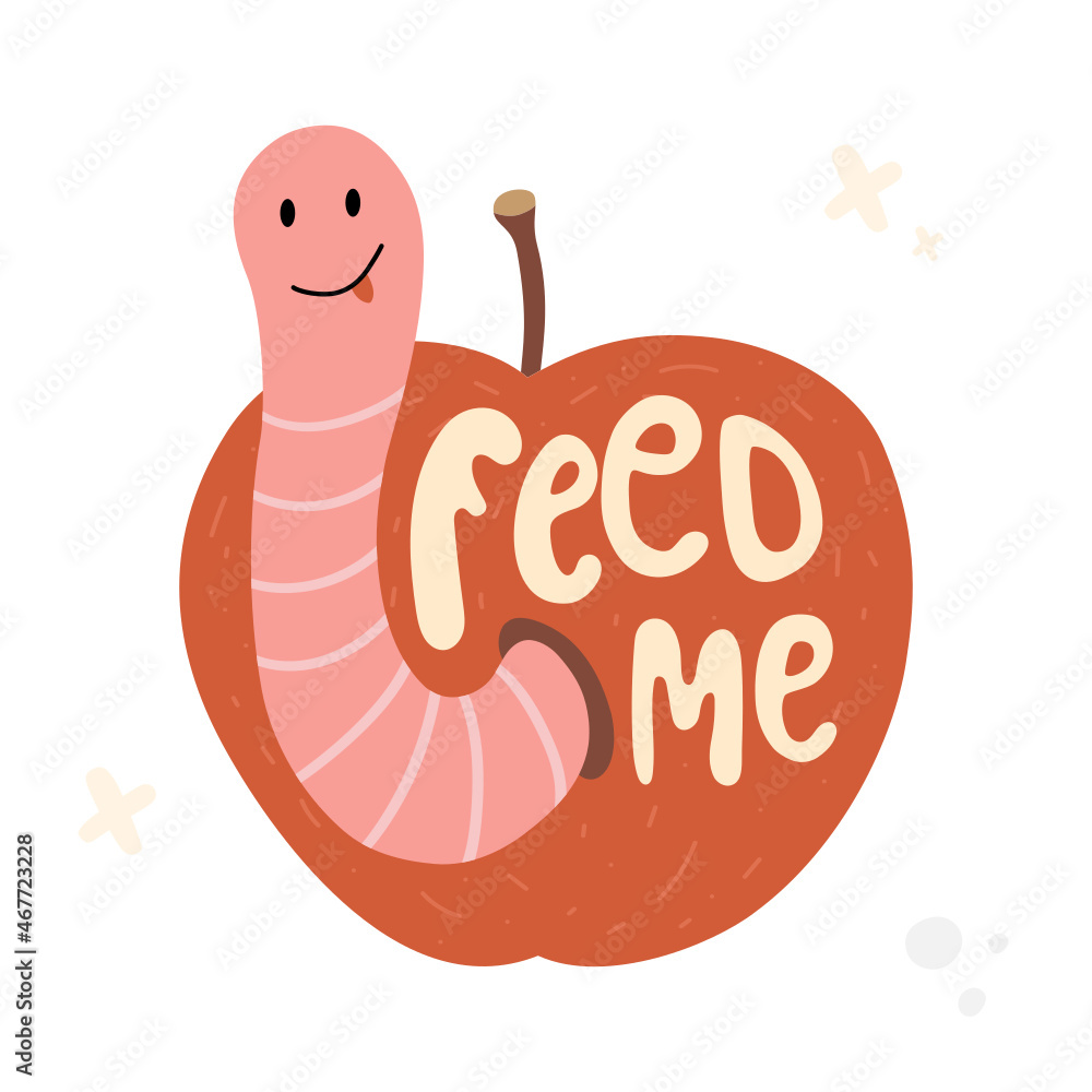 Cute red worm crawled out of the apple with lettering - feed me. Fun ...