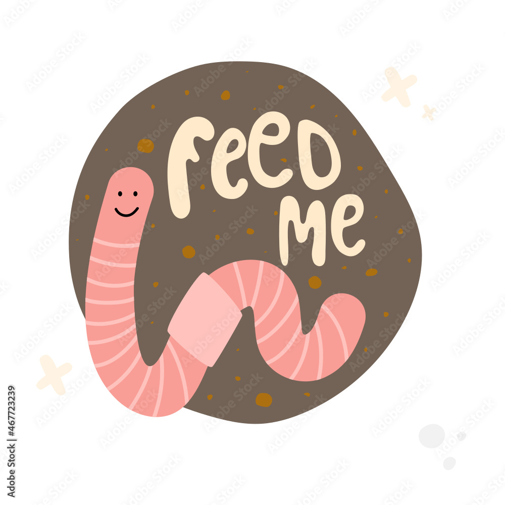 Cute red worm with lettering - feed me. Fun character illustration ...
