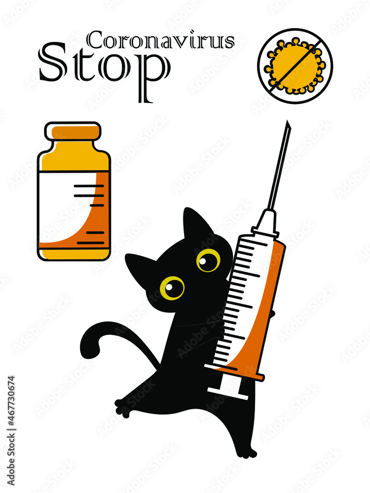 Stop Coronavirus. A black cat is holding a syringe with a needle. Viral ...