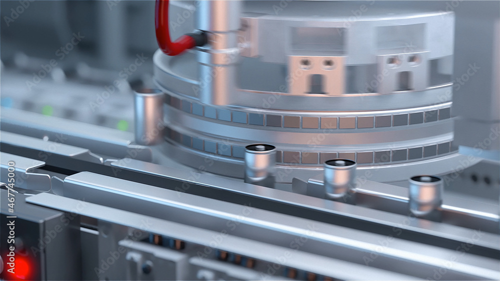 Production of lithium ion batteries. Battery factory. 3D illustration ...