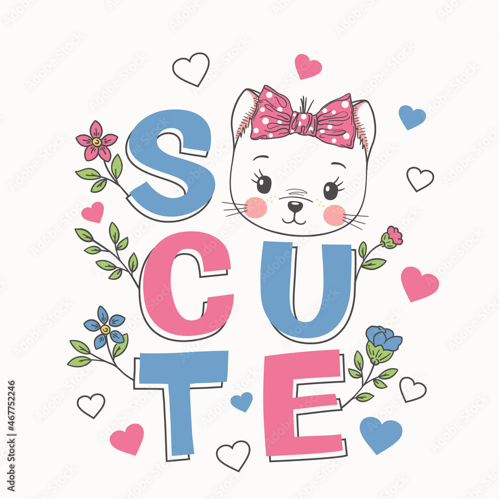 Cute cat girl face, flowers. So Cute slogan. Cartoon vector ...