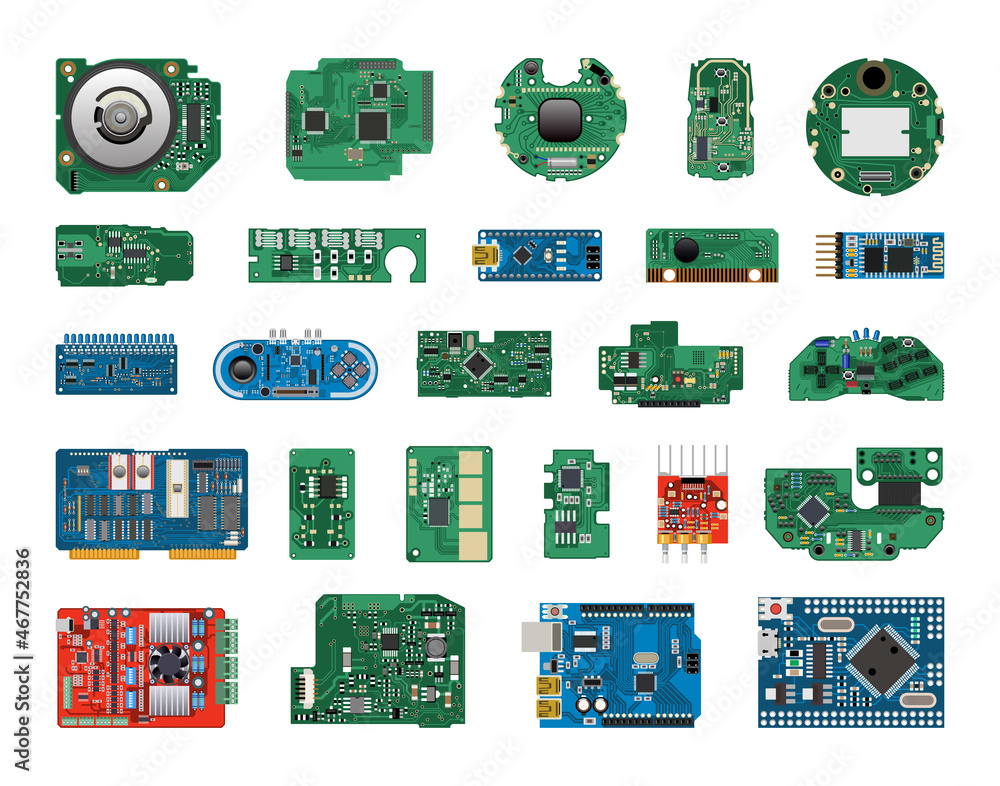 Collection of detailed realistic microcircuits and boards. Computer ...