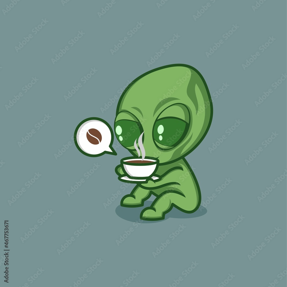 cute cartoon alien enjoying a cup of coffee. vector illustration for ...