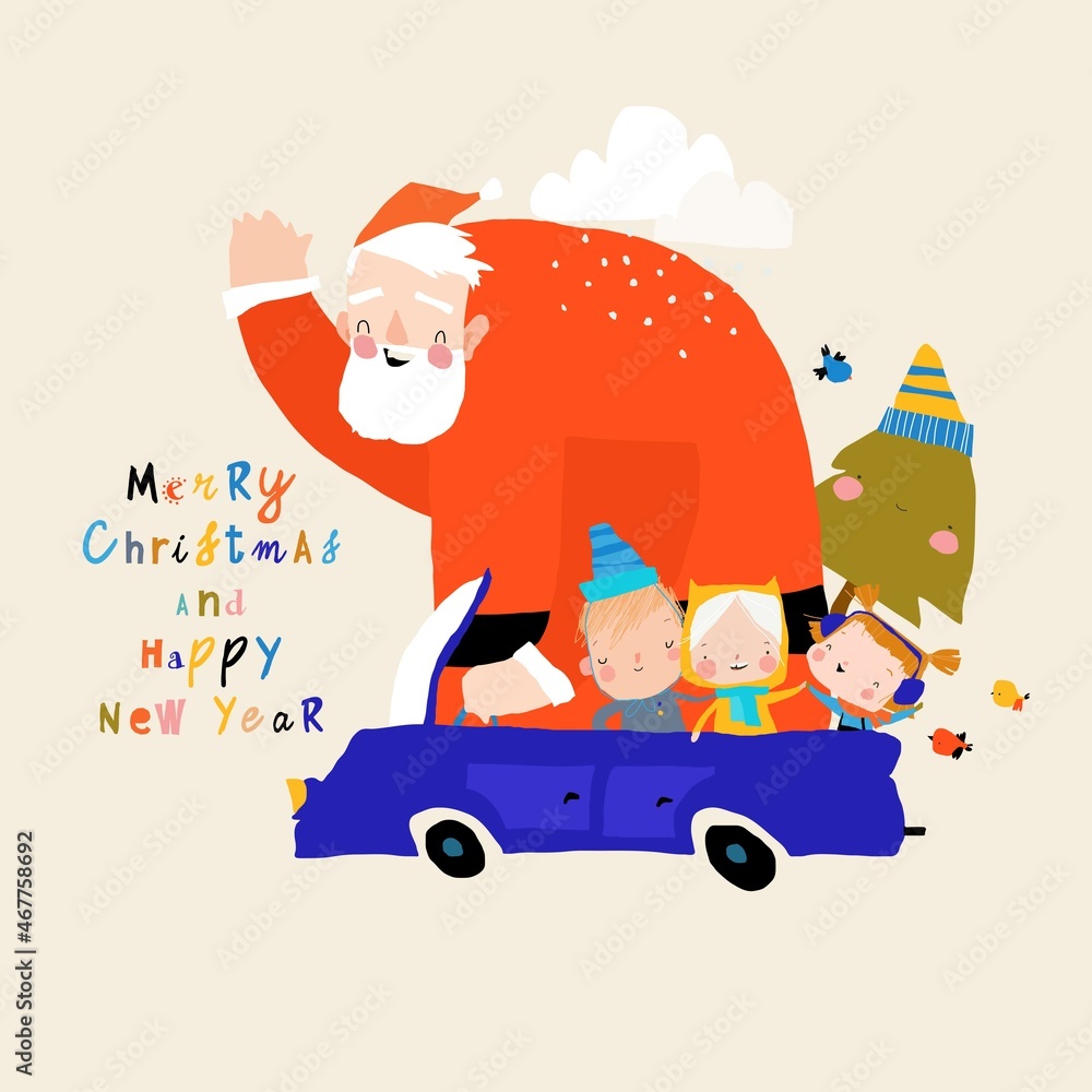 Cartoon Santa Claus driving by Car with Happy Children Stock Vector ...