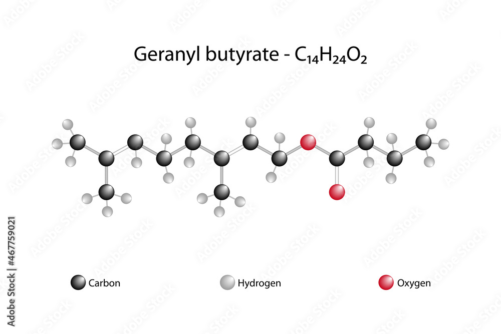 Molecular formula and chemical structure of geranyl butyrate. Stock ...