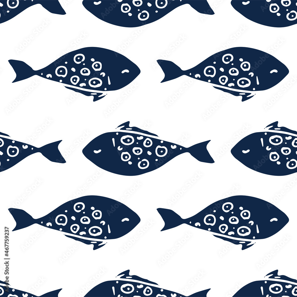 A pattern of dark blue fish. Seamless pattern of sea fish drawn in ...