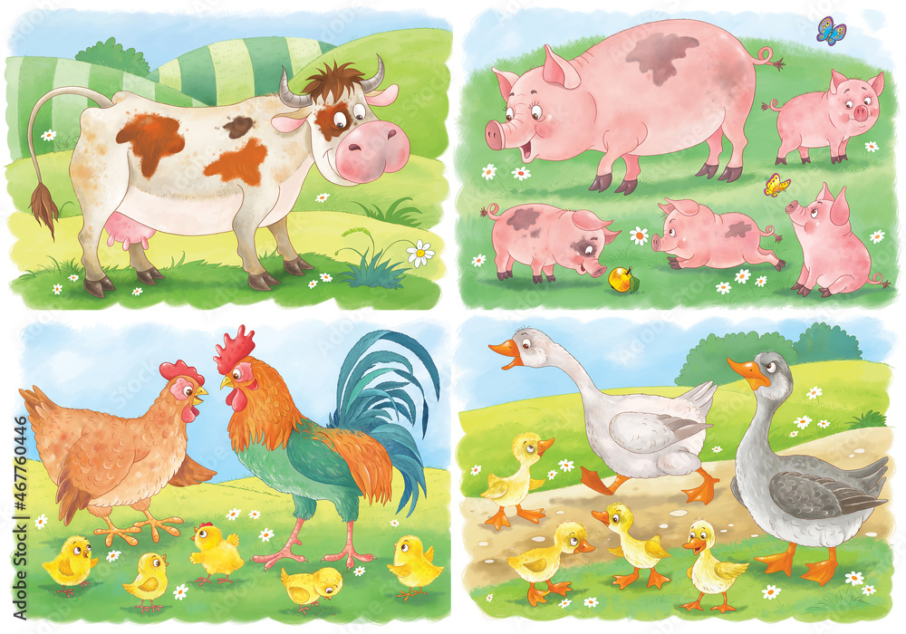 At the farm. Set of cute farm animals. Coloring book. Coloring page ...