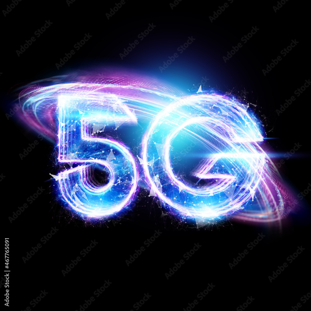 Hologram 5G creative background on black background. 5G network concept ...