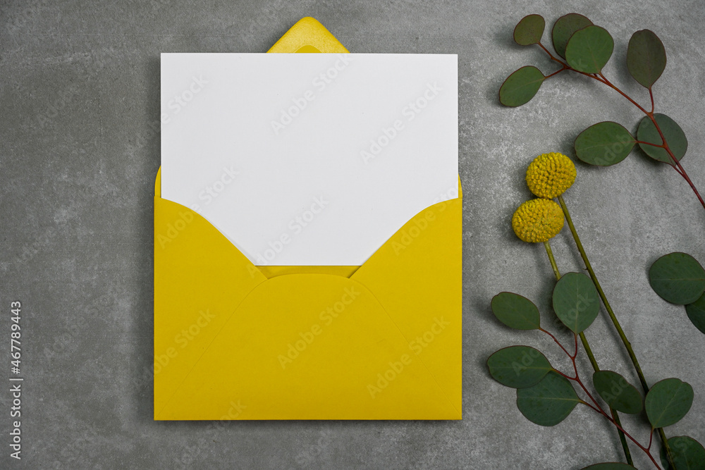 Blank white Invitation card with yellow envelope, with eucalyptus ...