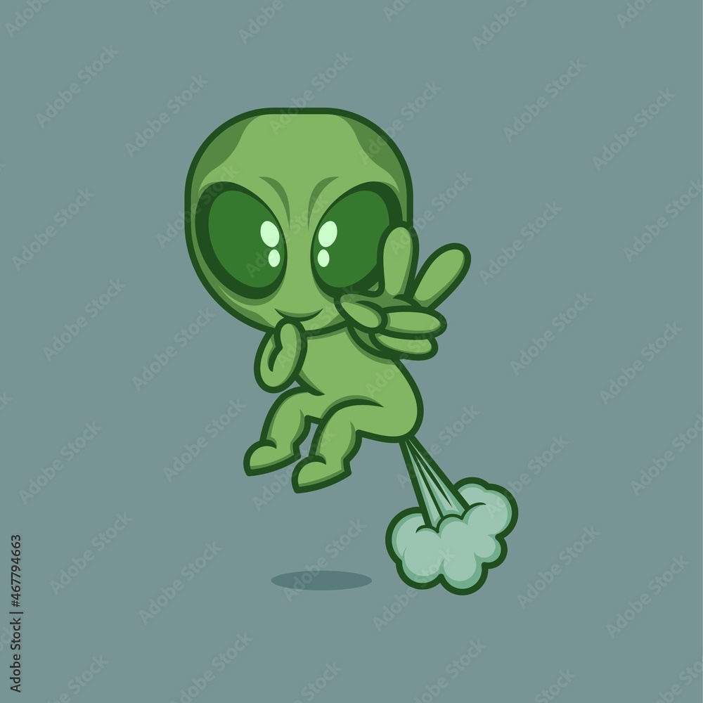 Cute cartoon alien character ejects with fart power. vector ...