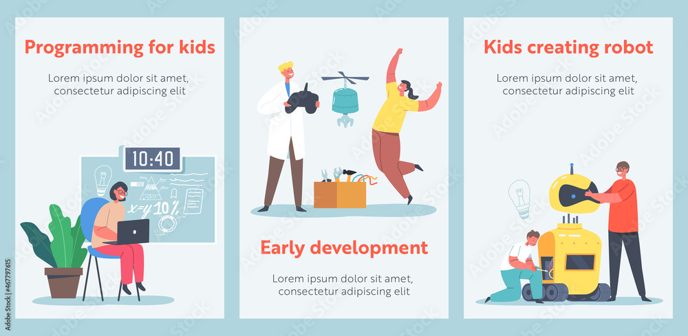 Kids Programming and Creating Robots in Class Cartoon Posters ...