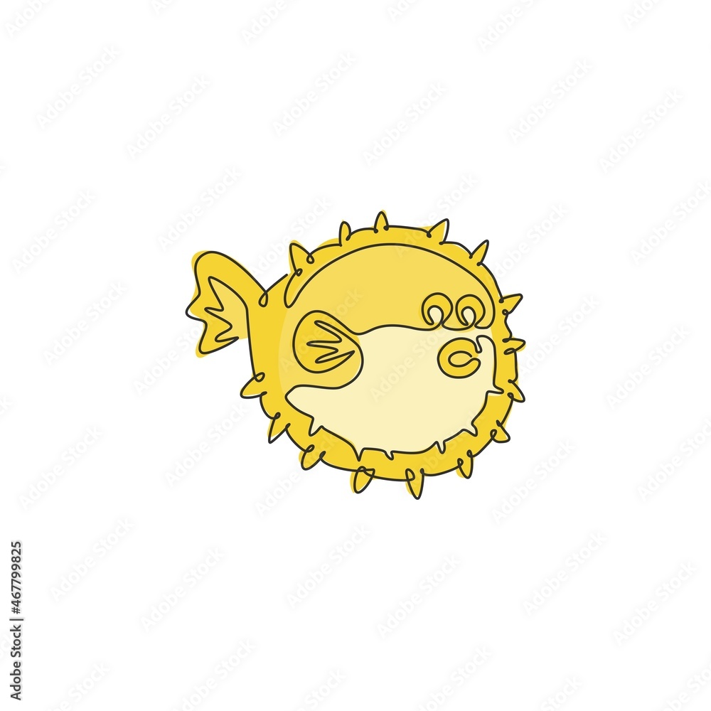 Single continuous line drawing of adorable pufferfish for marine logo ...