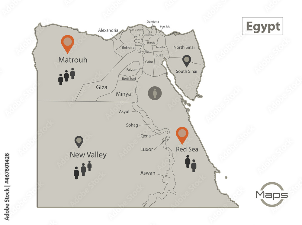Egypt map, individual regions with names, Infographics and icons vector ...