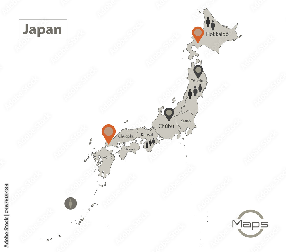 Japan map, individual regions with names, Infographics and icons vector ...