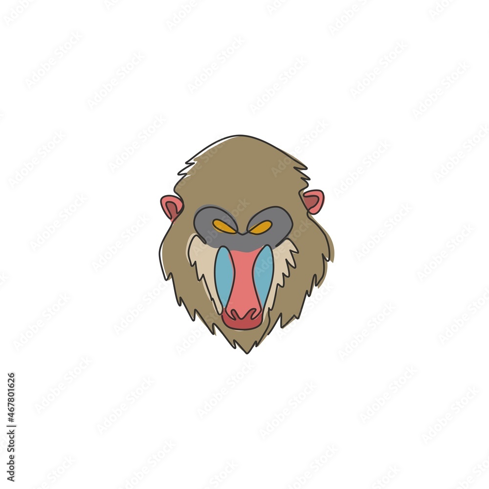 One single line drawing of exotic mandrill head for company logo ...