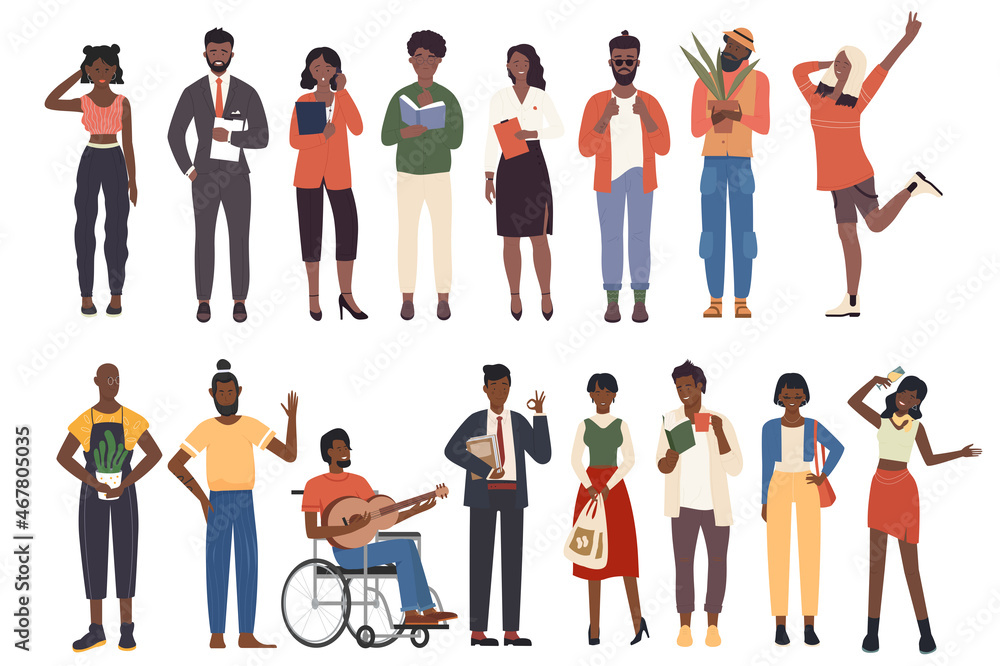 Black people of different professions set vector illustration. Cartoon ...
