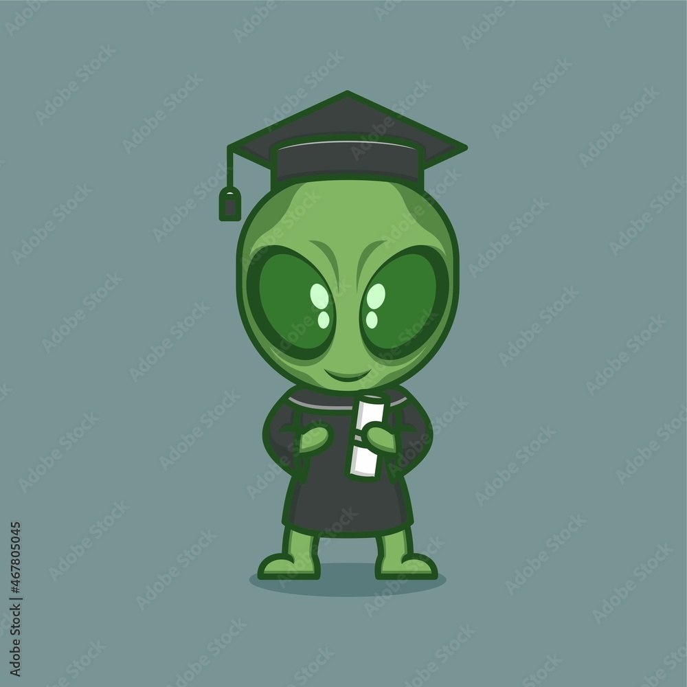 cute cartoon alien character graduated from school. vector illustration ...