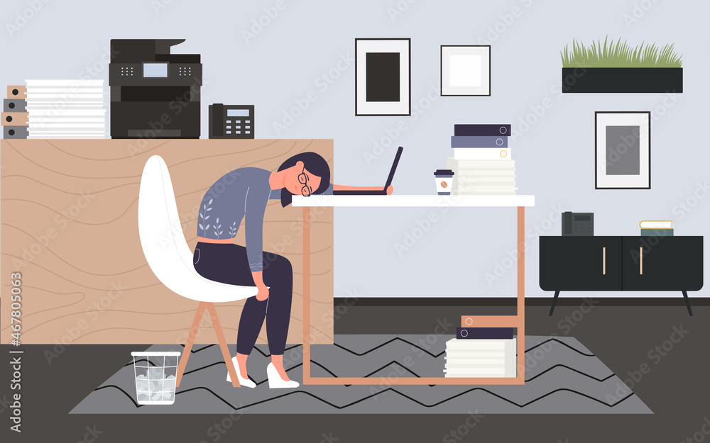 Work burnout of tired woman employee vector illustration. Cartoon ...