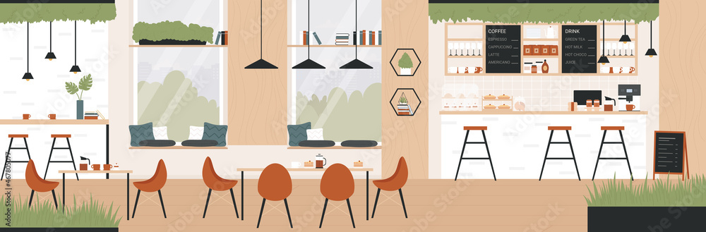 Cafe bar empty interior vector illustration. Cartoon cafeteria, coffee ...