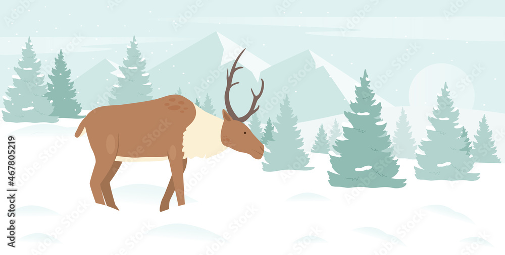 Deer in winter snow mountain landscape vector illustration. Cartoon ...