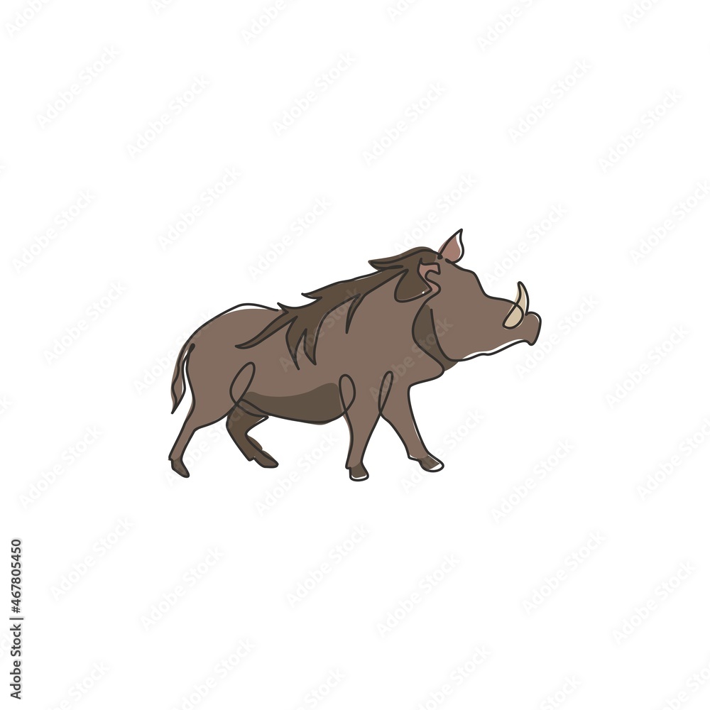 Single continuous line drawing of wild common warthog for company logo ...