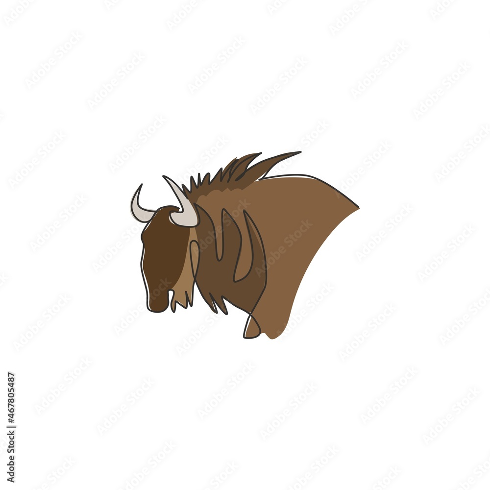 One continuous line drawing of stout wildebeest head for company logo ...