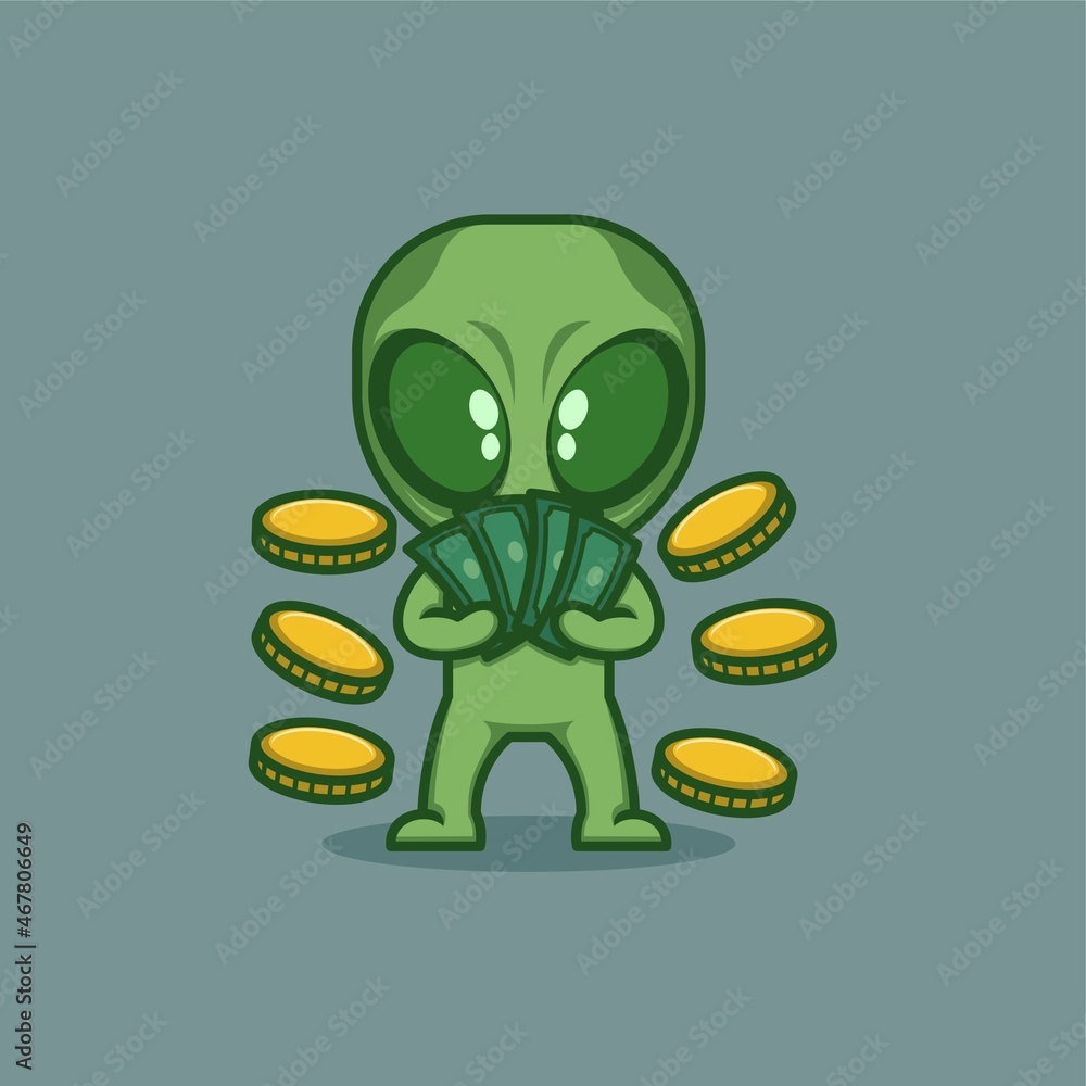 cute cartoon alien character rich in money and coins. vector ...