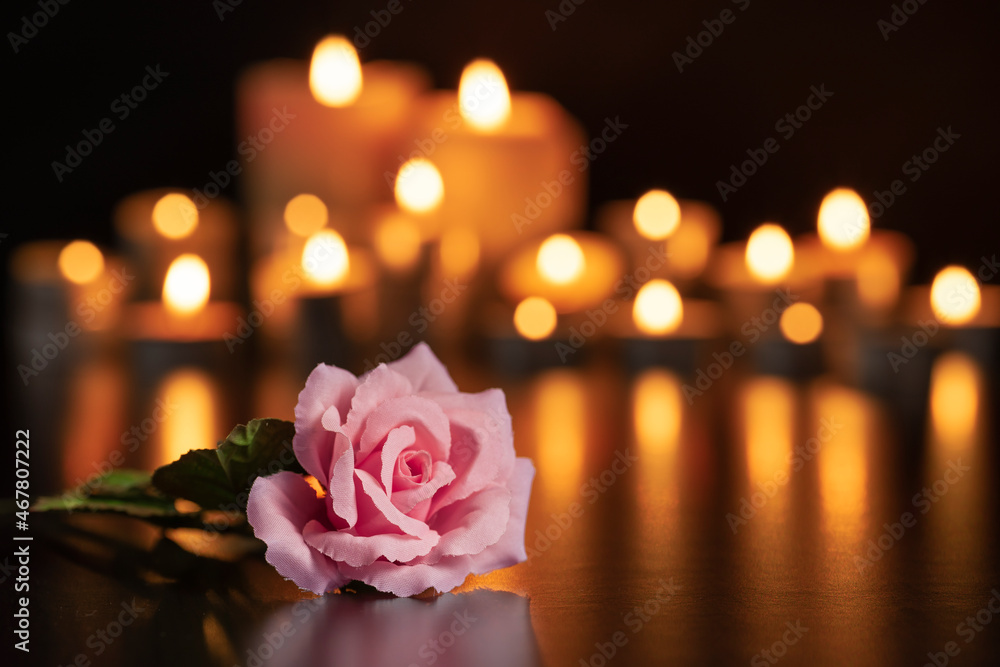 PINK ROSE AND LIGHTED CANDLES AT A FUNERAL. DEEPEST SYMPATHY ...