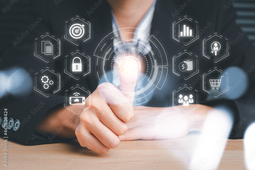 Business woman hand using fingerprint indentification to access ...
