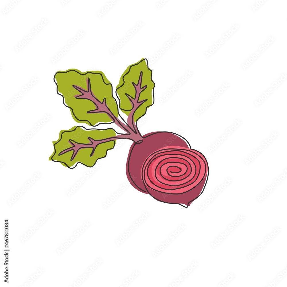 One single line drawing whole and half sliced healthy organic beetroot ...