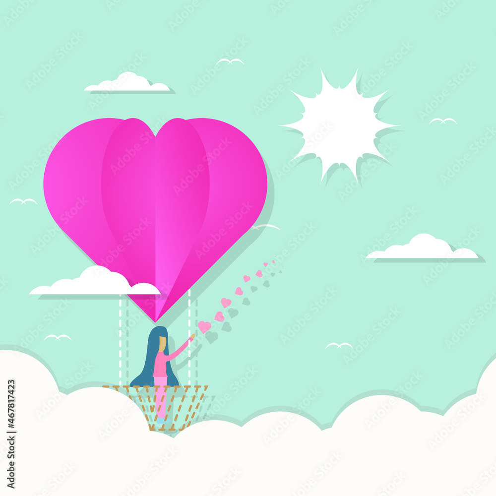 Valentines day greetings card with balloons flying with clouds vector ...
