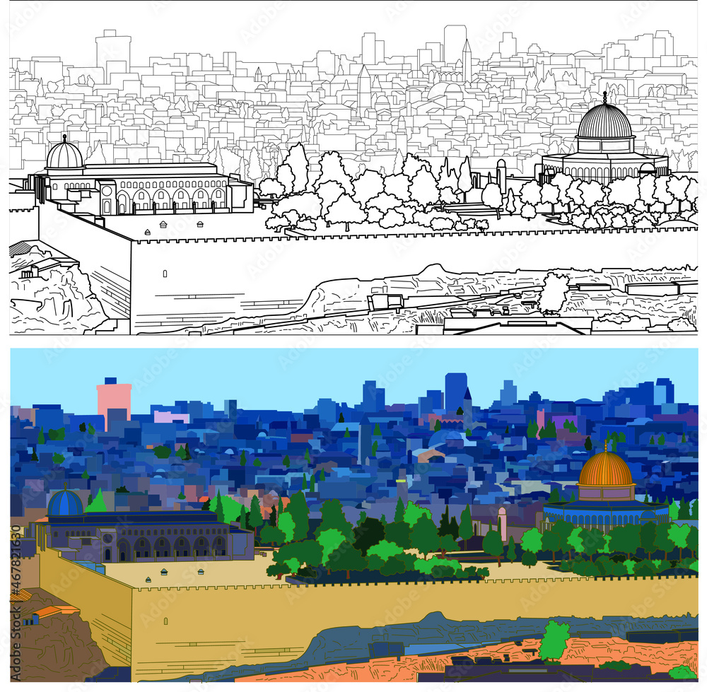 Palestin vector drawing, line art and coloured, view of Al aqsa mosque ...