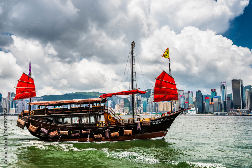 Hong Kong -July 24, 2019: Ancient Chinese sail ship of Duk Ling in ...