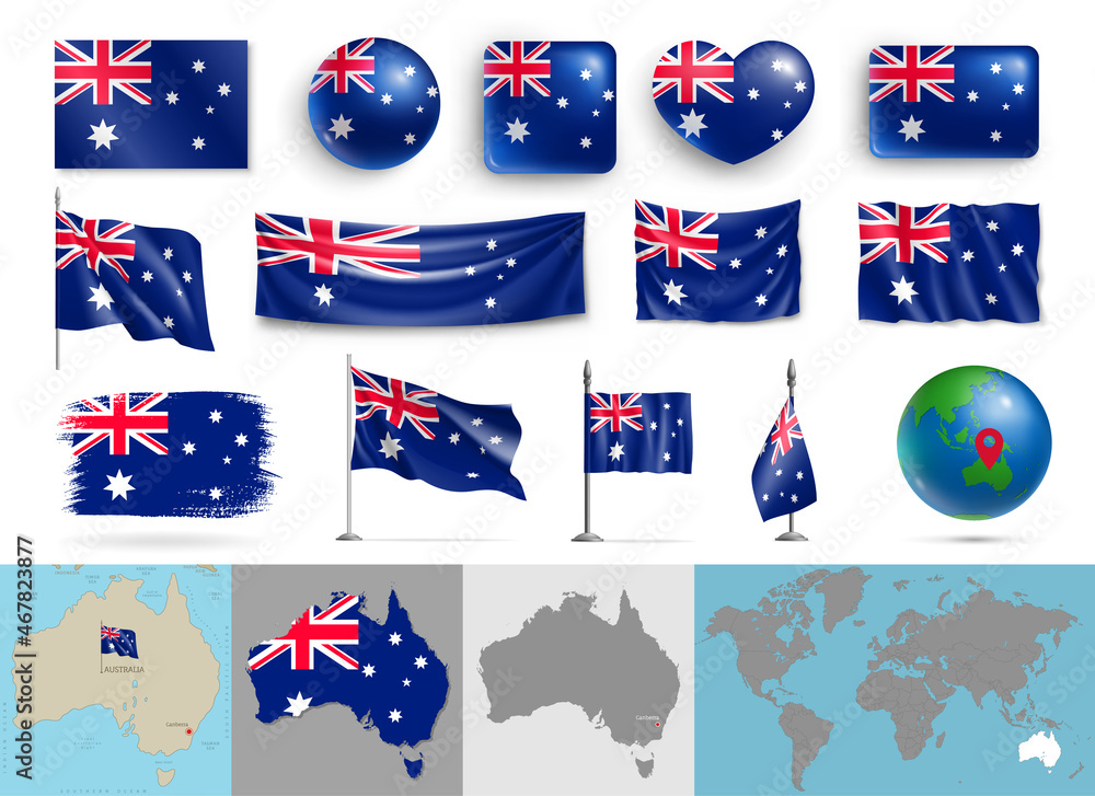 Australia flags of various shapes and geographic map set. Realistic ...