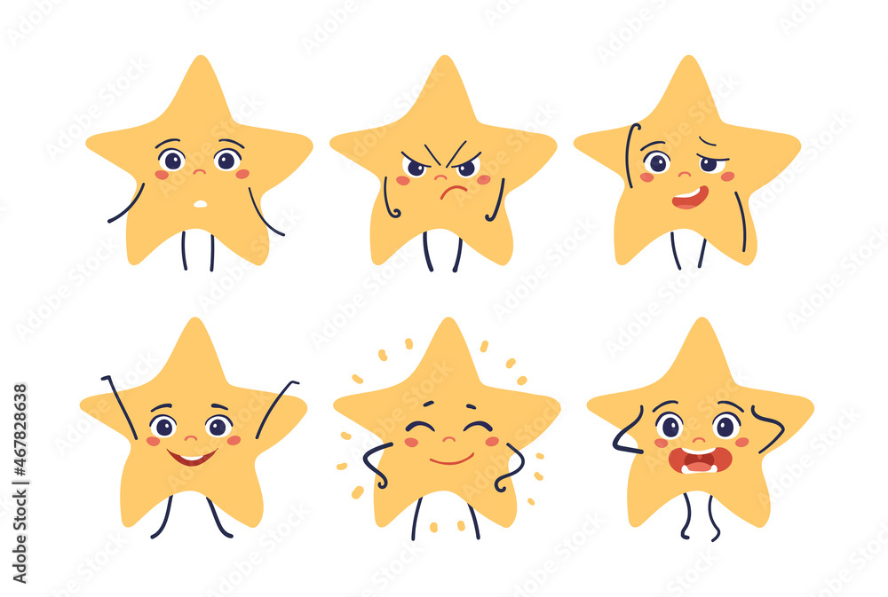 Vecteur Stock Cute cartoon character star with face, set of emoticons ...