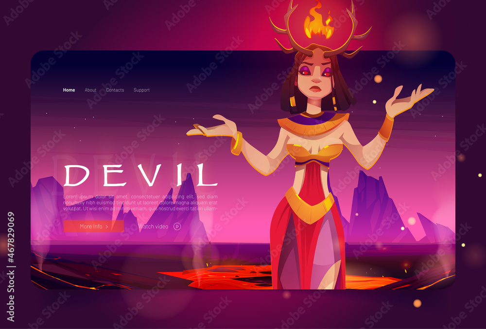 Devil banner with beautiful woman with horns and fire. Vector landing ...