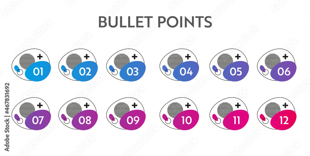 Bullet points numbers. Colorful list markers from 1 to 12. Vector ...