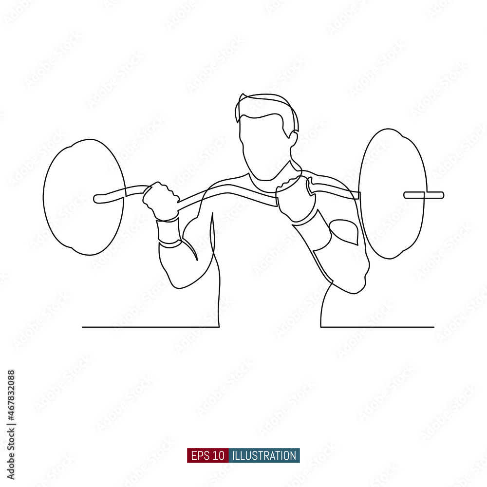 Continuous line drawing of The man performs an exercise with a barbell ...