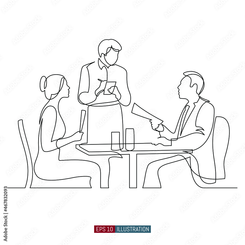 Continuous line drawing of Man and woman at a table in a restaurant ...