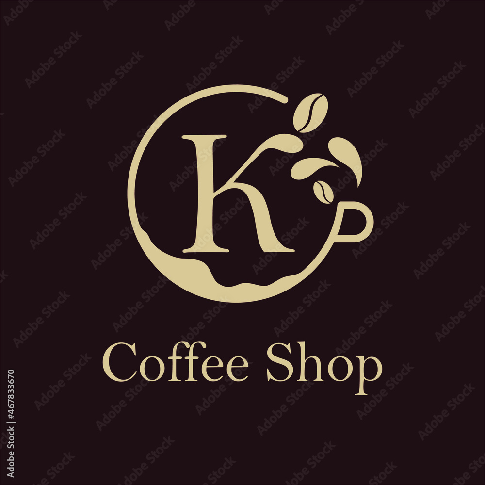 Initial K letter with Coffee Cup, Coffee Bean, Liquid for Coffee Shop ...