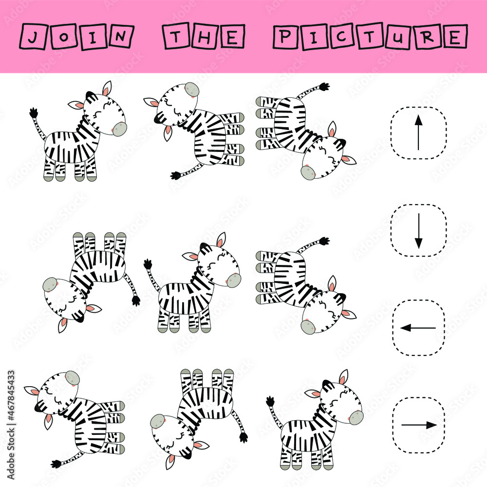 Match the pictures of animal zebras and directions up, down, left and ...