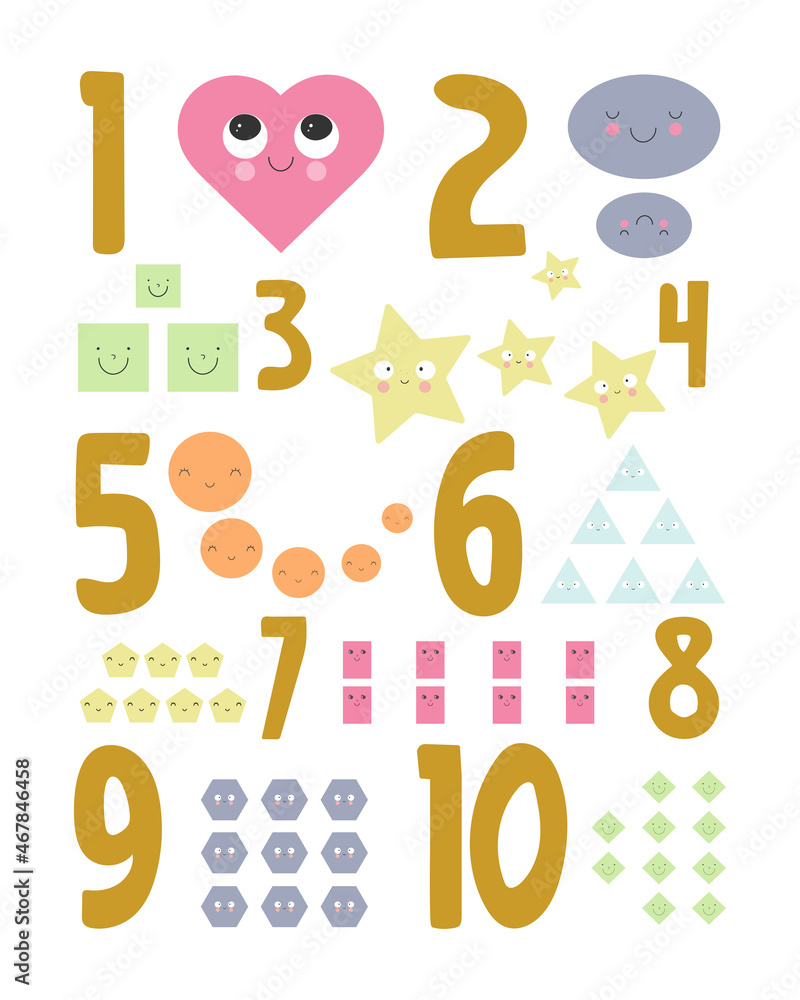 Educational poster with numbers and funny basic geometric shapes in ...