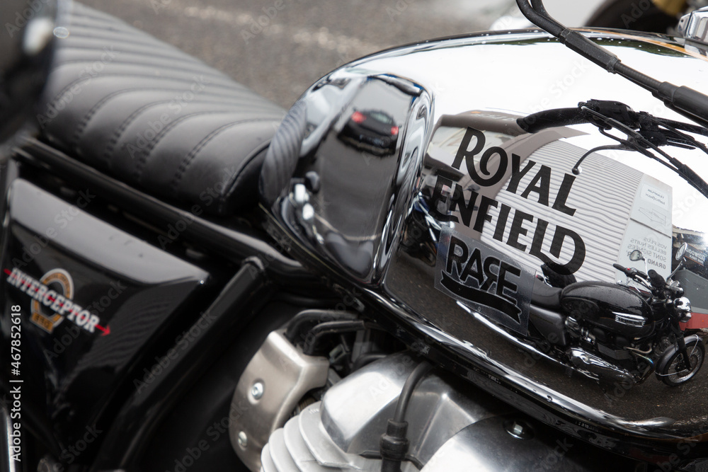 Royal Enfield sign logo and brand text motorbike on chrome Fuel tank of ...