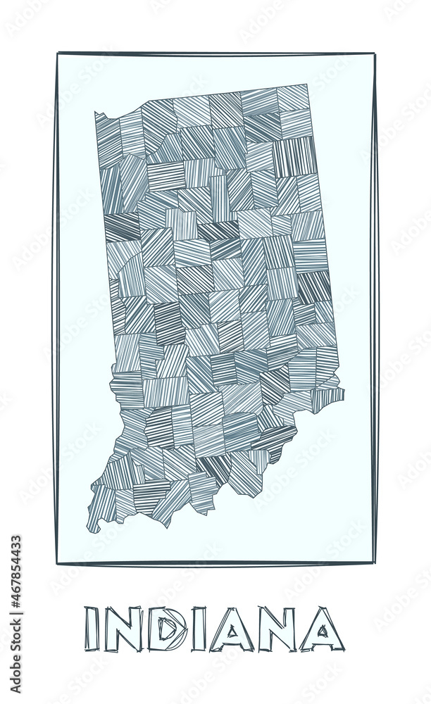 Sketch map of Indiana. Grayscale hand drawn map of the us state. Filled ...